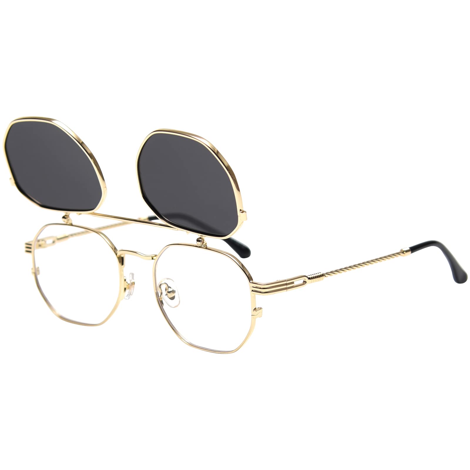 Dollger Flip Up Sunglasses Men Women Polarized Steampunk Flip Sunglasses with Double Lenses(Gold Frame Gray Lens)