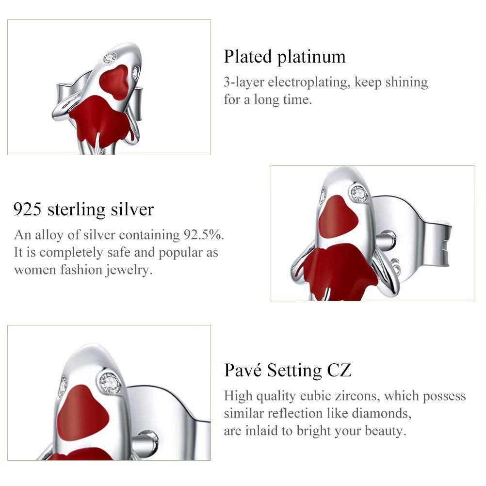 Qings Koi Fish Red Carp Stud Earrings for Women Exquisite 925 Sterling Silver Platinum Plated Inlaid with Shining Zircon