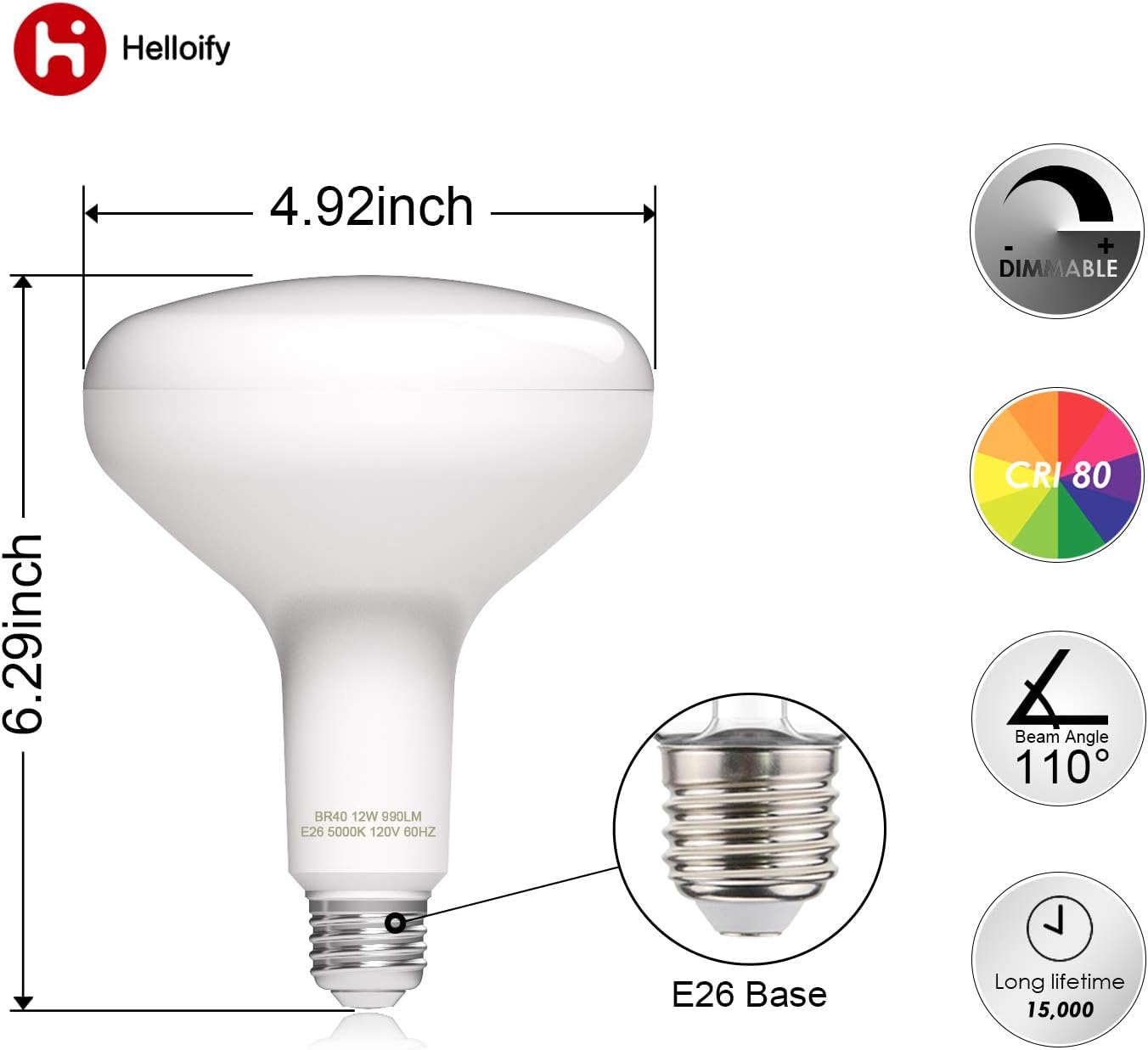 helloify Dimmable BR40 LED Flood Light Bulb, 12W, 75W Equivalent, 5000K Daylight White Light, Energy Saving Lamp for Office/Home, E26 Screw Base, 6PCS