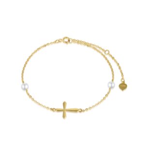 sisgem 14k gold cross bracelet for women, real pearl religious bracelet, confirmation gifts for her, 6.3"+1"+1"