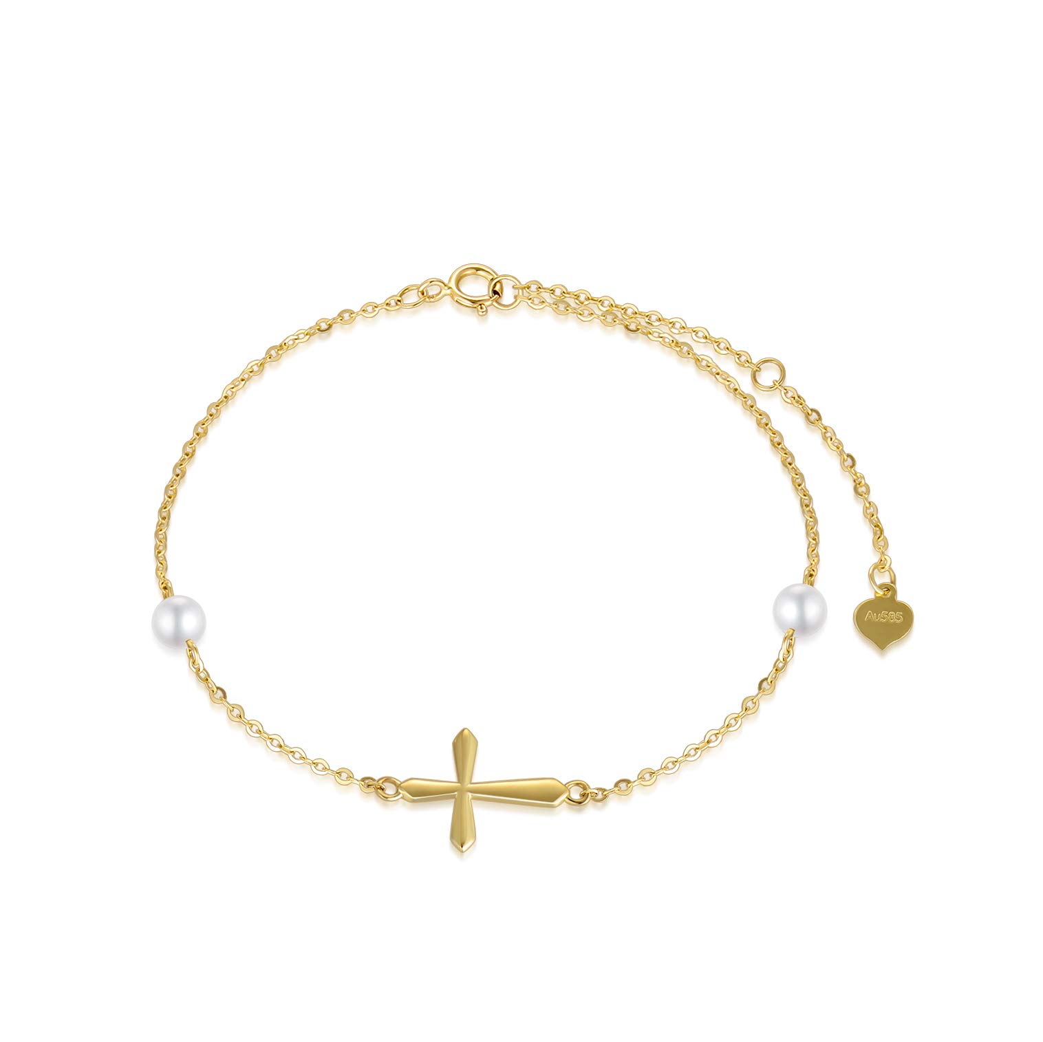 SISGEM 14k Gold Cross Bracelet for Women, Real Pearl Religious Bracelet, Confirmation Gifts for Her, 6.3"+1"+1"