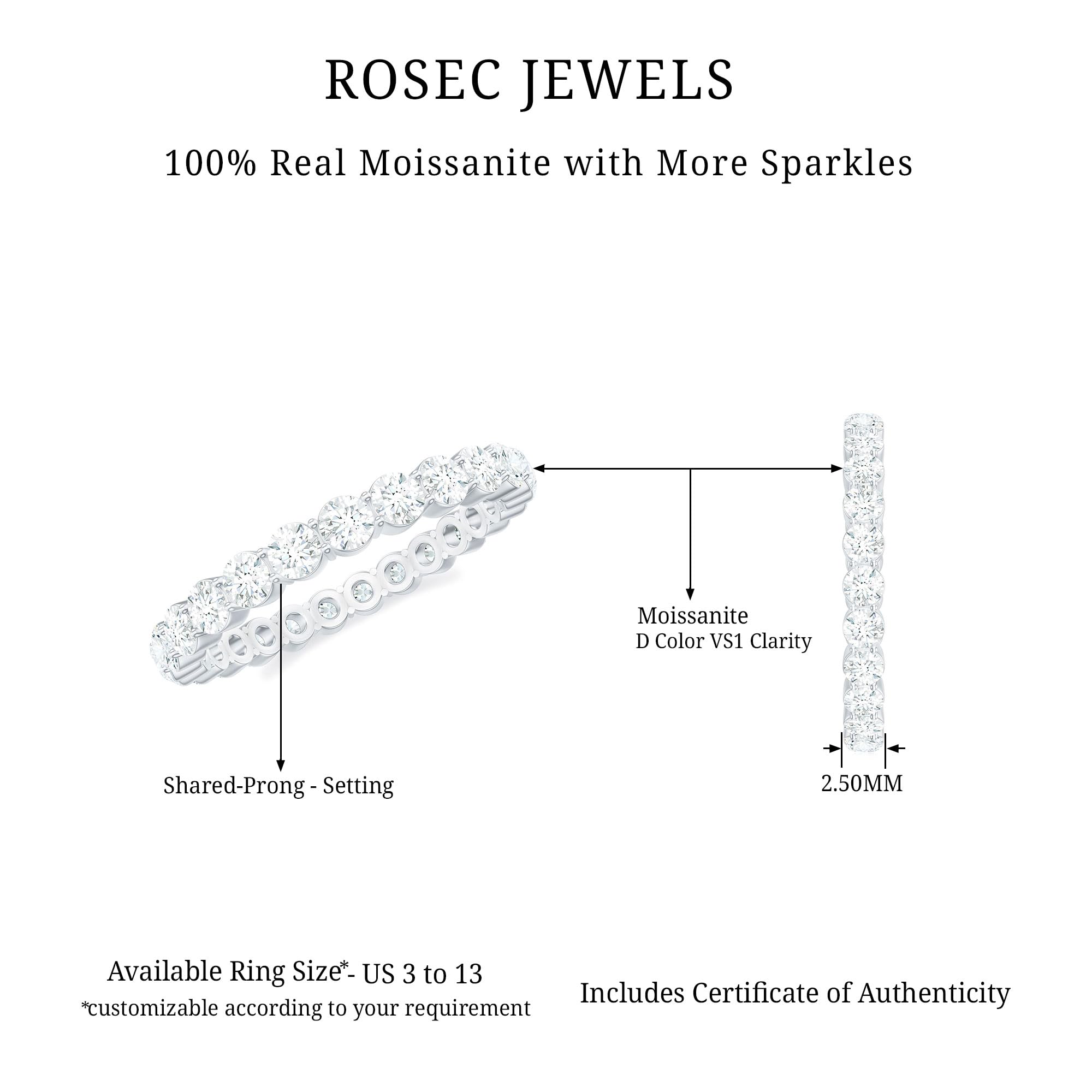 Rosec Jewels Certified Moissanite Eternity Ring, D Color VS1 Clarity, Moissanite Full Eternity Band for Women - Ready To Gift, 14K White Gold, Size:US 8.50