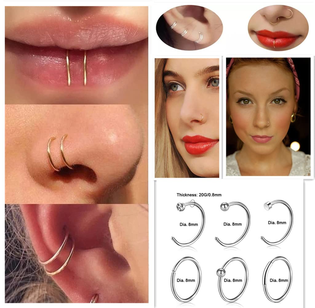 LuckyAmor 20G Nose Rings Stainless Steel Silver with CZ Studs Cartilage Body Piercing Jewelry (17PCS-MIX-Silver)