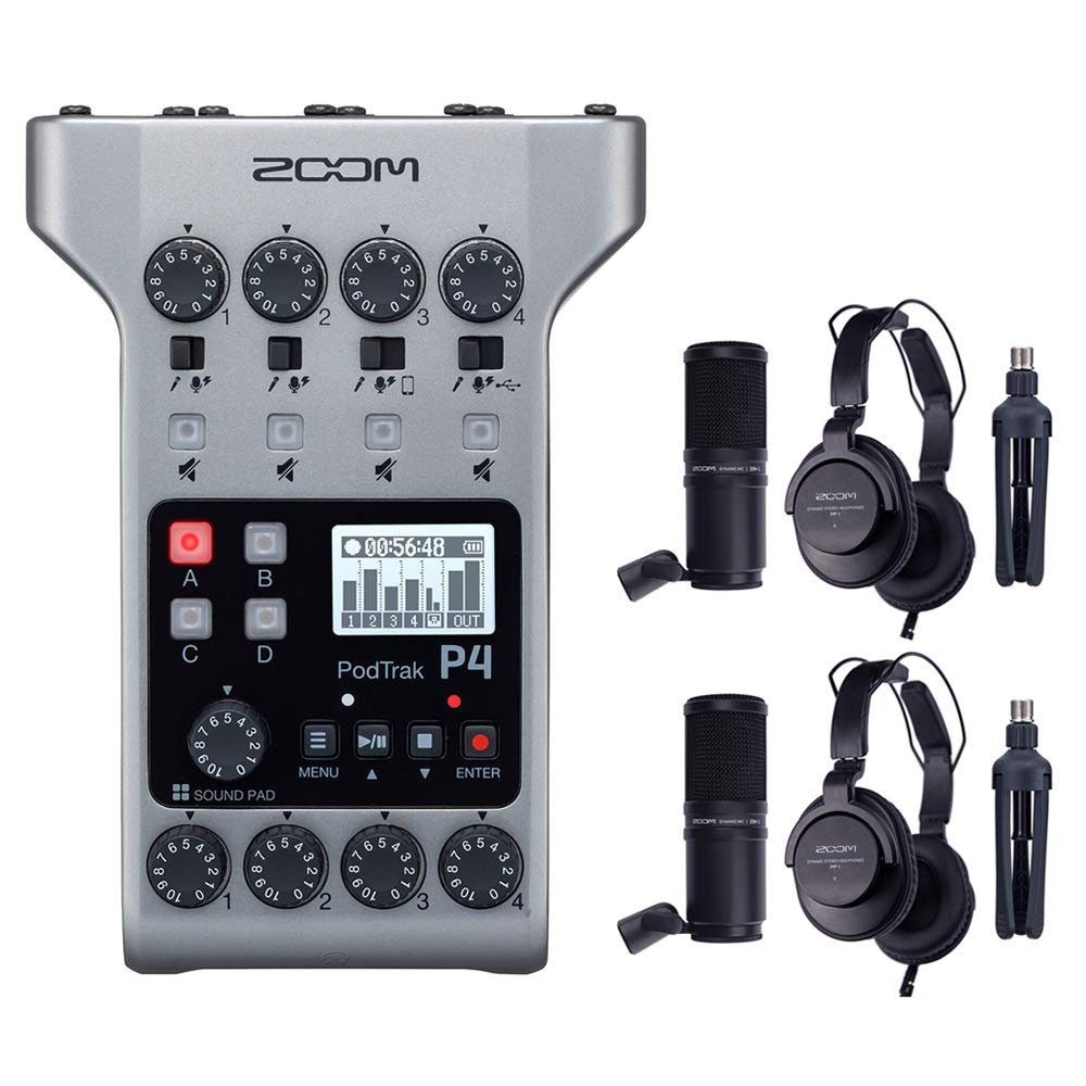 Zoom PodTrak P4 Portable Multitrack Podcast Recorder Bundle with 2X Zoom ZDM-1 Podcast Pack