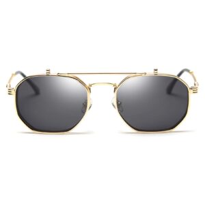 Dollger Flip Up Sunglasses Men Women Polarized Steampunk Flip Sunglasses with Double Lenses(Gold Frame Gray Lens)