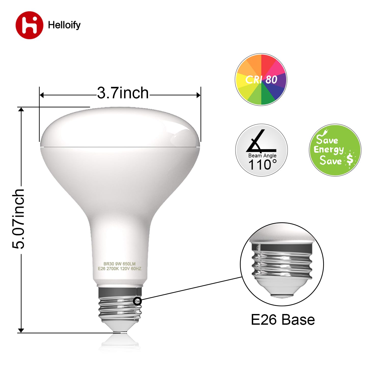 helloify BR30 LED Flood Light Bulb, 9W, 65W Equivalent, 2700K Soft White Light, Energy Saving Lamp for Office/Home, Non-dimmable, E26 Screw Base, 6PCS