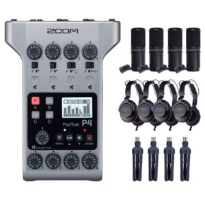 zoom podtrak p4 portable multitrack podcast recorder bundle with 4x zoom zdm-1 podcast pack