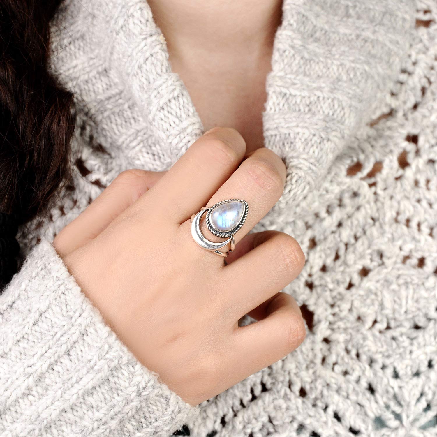 Boho-Magic Sterling Silver Moon Moonstone Ring for Women Gemstone Boho jewelry (7)