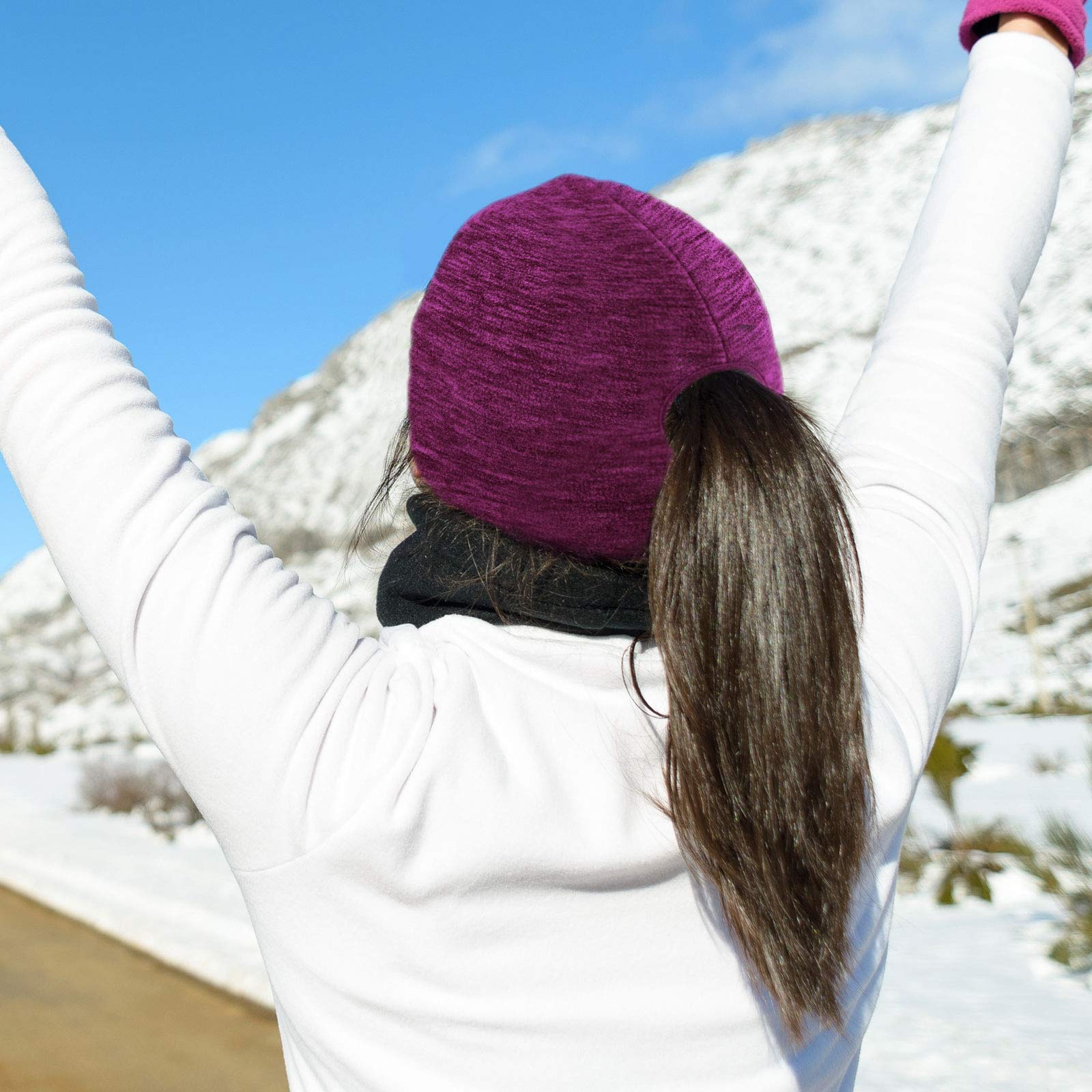 3 Pieces Women Ponytail Hat Winter Warm Ski Hat Outdoor Fleece Skull Cap(Purple, Light Grey, Blue)