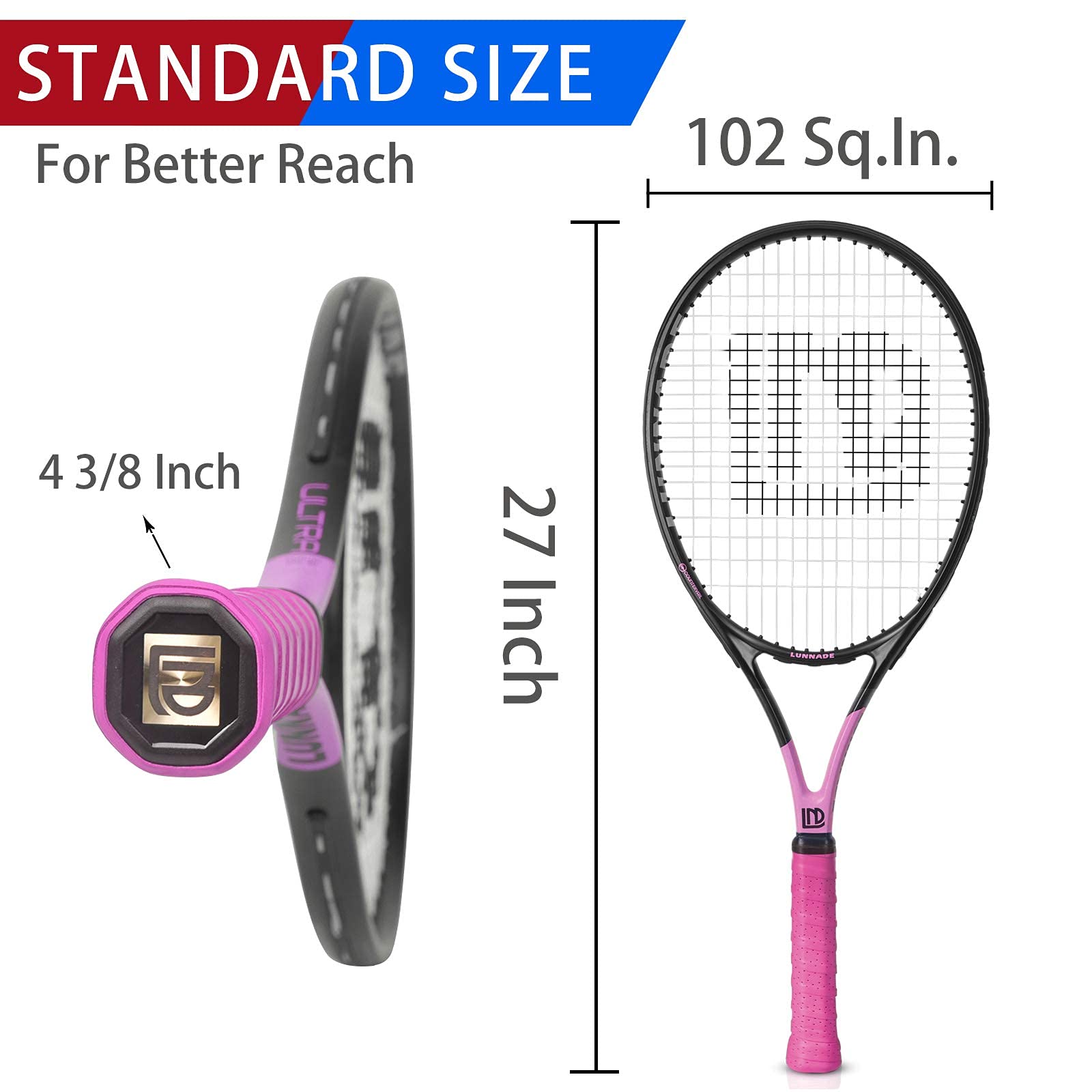 LUNNADE Adults Tennis Racket 27 Inch, Shockproof Carbon Fiber Tennis Racquet Light-Weight, Pre-Strung and Regrip, Suitable for Beginners to Intermediate Players