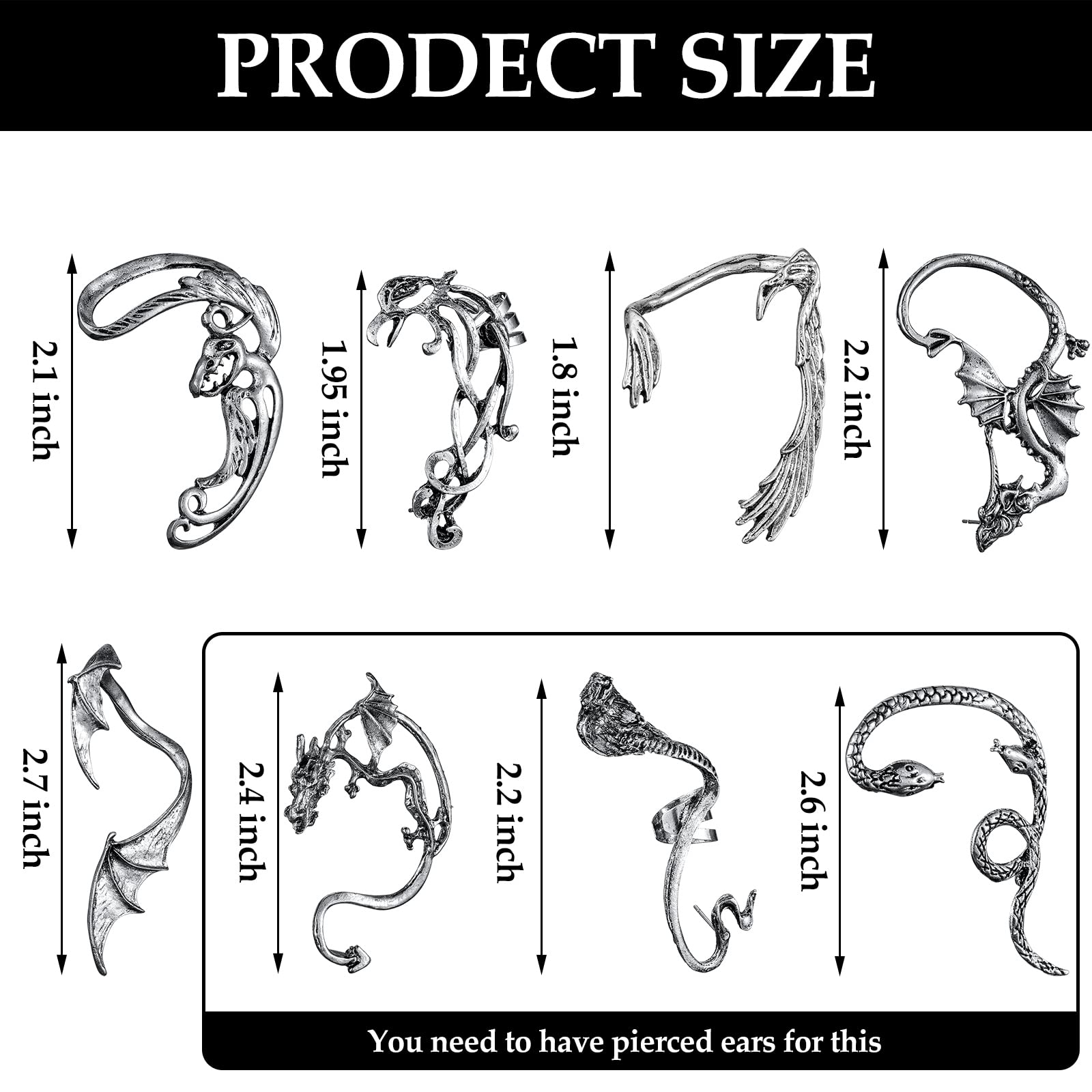 8 Pcs Punk Earrings Dragon Ear Cuff Vintage Retro Snake Bat Crow Ear Climber Earrings Gothic Ear Clip Wrap for Women Men Party Dress