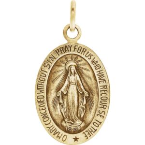 solid 14k yellow gold 9x6mm oval virgin mary pendant pray for us charm miracle medal (9mm x 6mm)