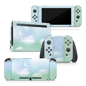 tacky design clouds skin compatible with nintendo switch skin decal, pastel green sky moon skin compatible with nintendo switch skin, vinyl 3m sticker, full wrap cover