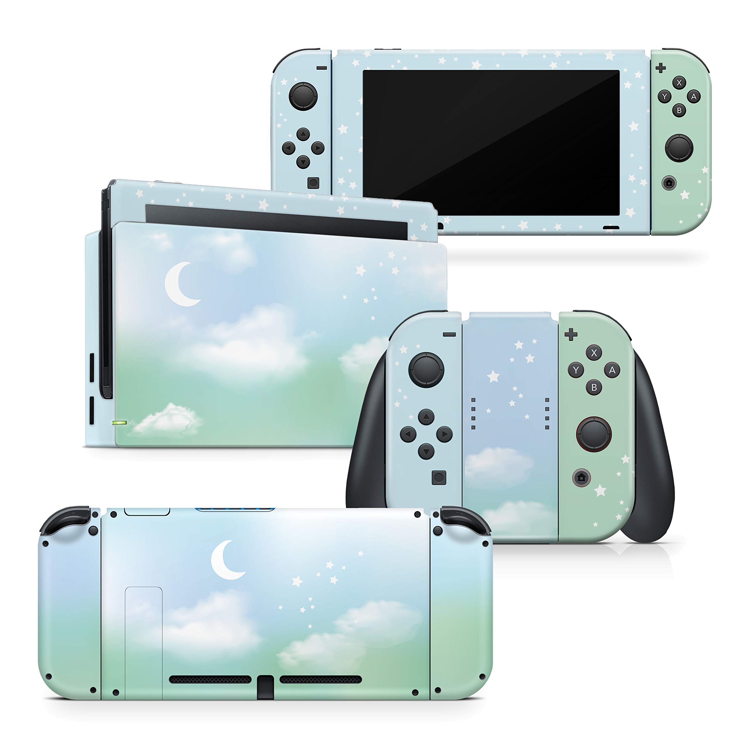 Tacky design Clouds Skin Compatible with Nintendo Switch Skin Decal, Pastel Green Sky Moon Skin Compatible with Nintendo Switch Skin, Vinyl 3m Sticker, Full wrap Cover