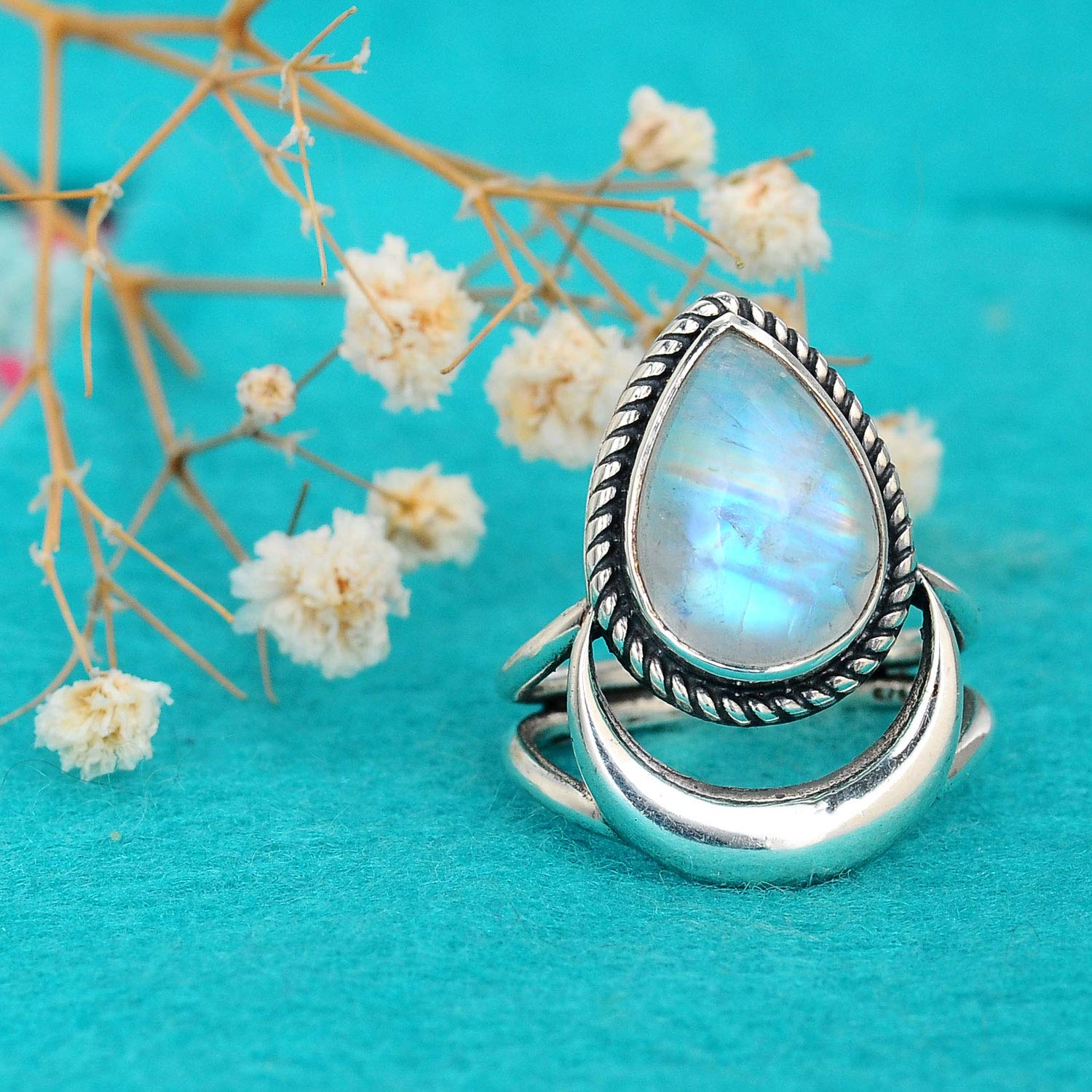 Boho-Magic Sterling Silver Moon Moonstone Ring for Women Gemstone Boho jewelry (7)