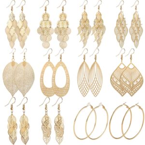 starain 12 pairs gold hoop earrings for women long layered leaf earrings vintage statement dangle drop earrings set