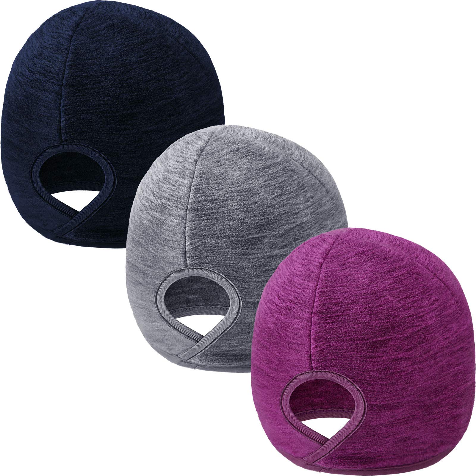 3 Pieces Women Ponytail Hat Winter Warm Ski Hat Outdoor Fleece Skull Cap(Purple, Light Grey, Blue)