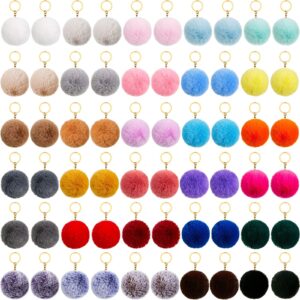 hicarer 60 pieces colorful poms keychains fluffy ball faux fur keyring for women (3 inch)