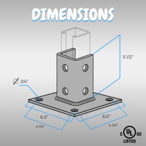 OhLectric Strut Post Base Single Channel with 4 Mounting Holes - Heavy Duty Galvanized Zinc Plated Square for Single Channel Fence Post Base - Side Orientation - 6-inch x 6-inch Base - OL-48010