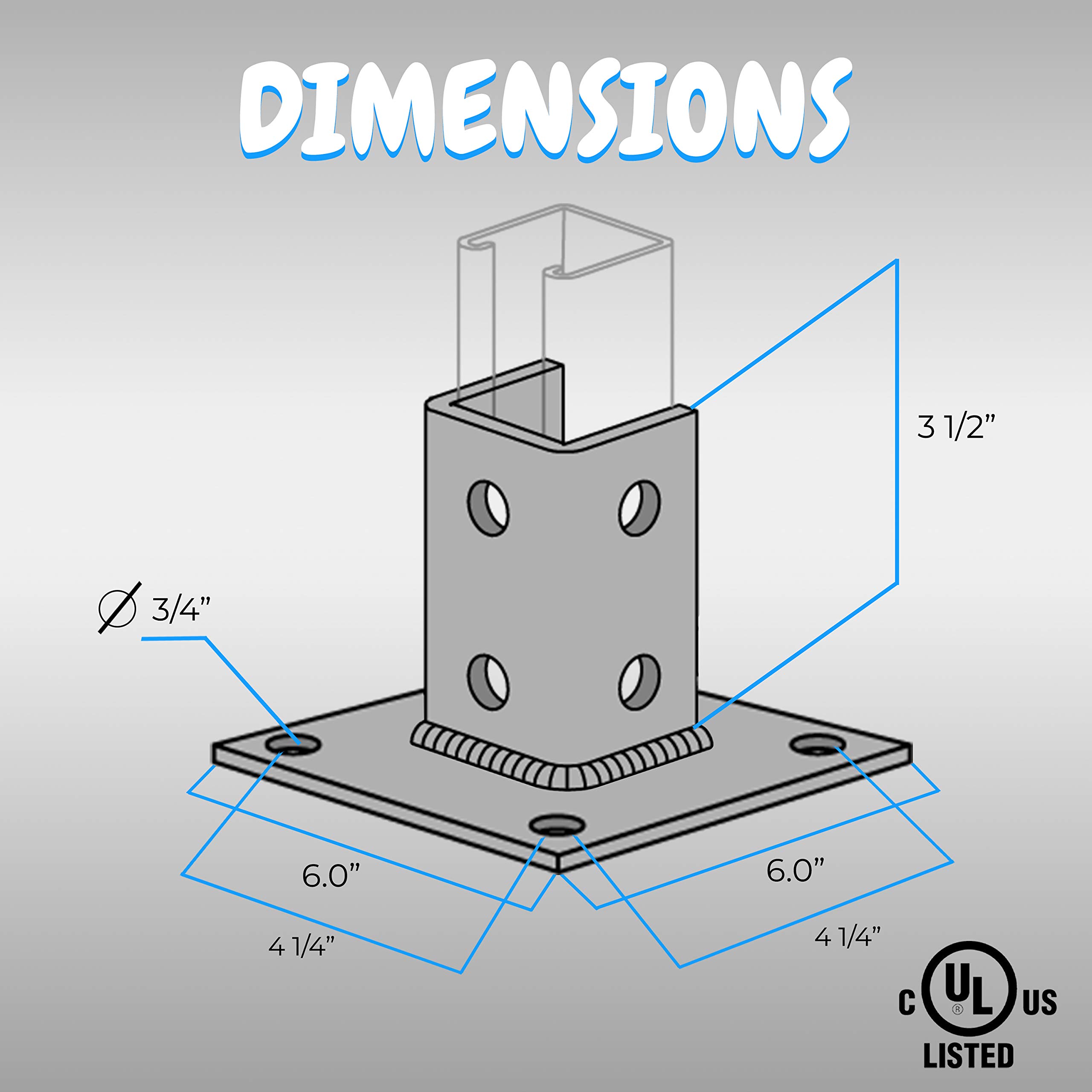 OhLectric Strut Post Base Single Channel with 4 Mounting Holes - Heavy Duty Galvanized Zinc Plated Square for Single Channel Fence Post Base - Side Orientation - 6-inch x 6-inch Base - OL-48010