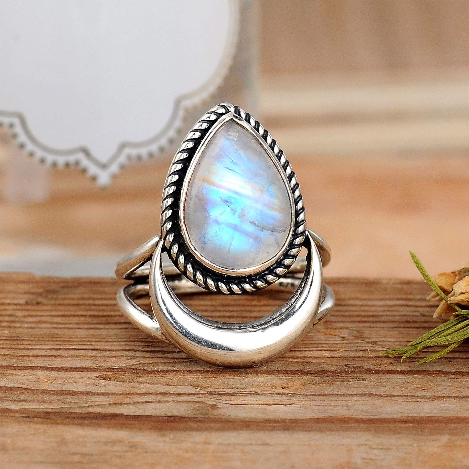 Boho-Magic Sterling Silver Moon Moonstone Ring for Women Gemstone Boho jewelry (7)