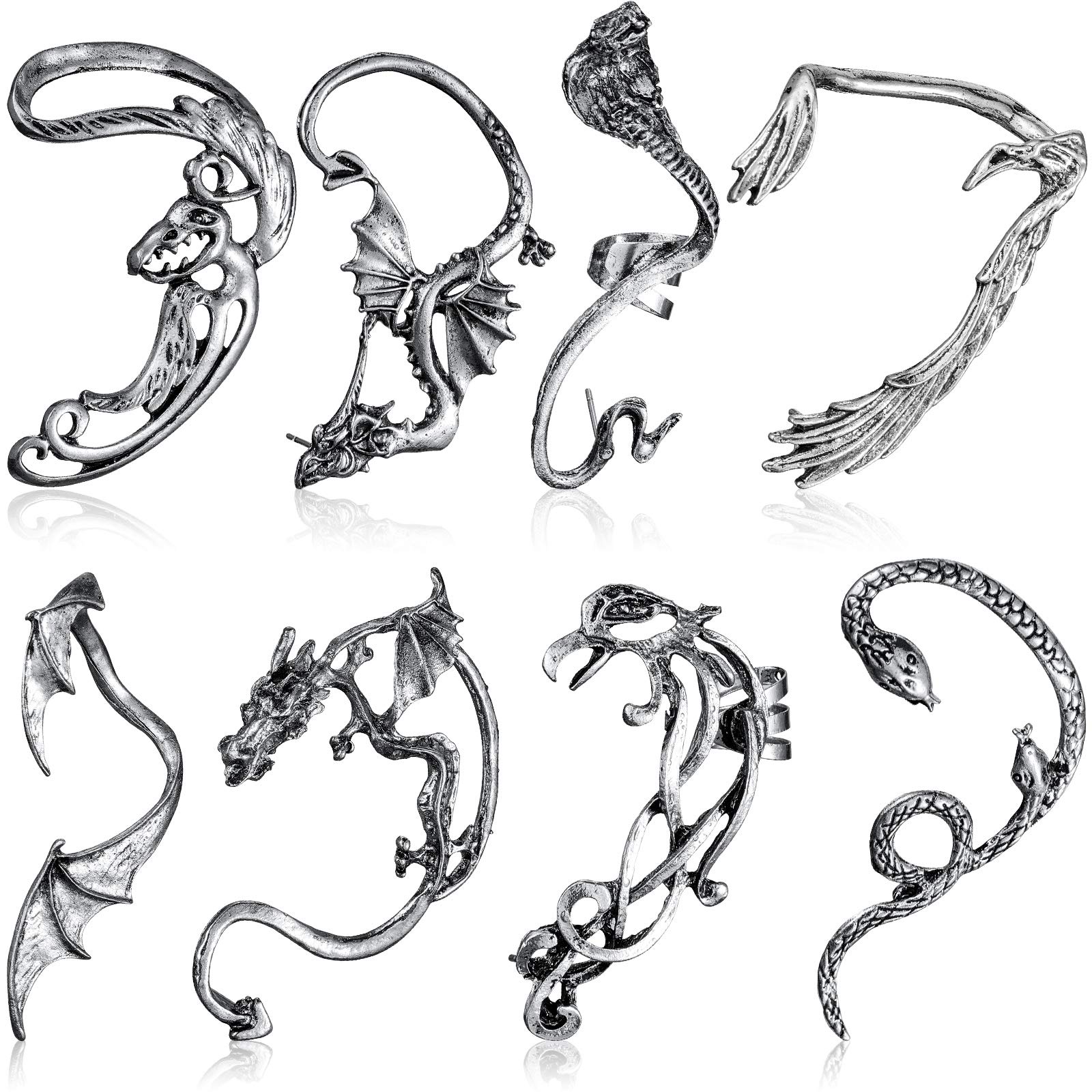 8 Pcs Punk Earrings Dragon Ear Cuff Vintage Retro Snake Bat Crow Ear Climber Earrings Gothic Ear Clip Wrap for Women Men Party Dress