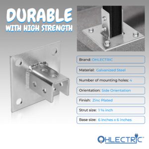 OhLectric Strut Post Base Single Channel with 4 Mounting Holes - Heavy Duty Galvanized Zinc Plated Square for Single Channel Fence Post Base - Side Orientation - 6-inch x 6-inch Base - OL-48010