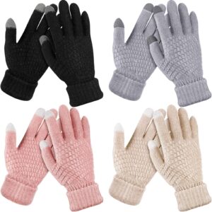 4 pairs women's winter touch screen gloves warm fleece lined knit gloves elastic cuff winter texting gloves (black, gray, pink, beige)