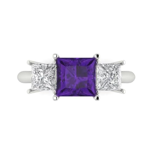 Clara Pucci 3.0 ct Princess Cut 3 Stone Solitaire Genuine Natural Amethyst Engagement Promise Anniversary Bridal Ring 18K White Gold 7