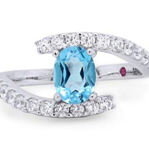 GEMVIO Collection Bypass Design, 5X7MM Oval Blue Topaz Gemstone And Cubic Zirconia Promise Ring In 14k White Gold Over Sterling Silver Sterling Silver Engagement Wedding Ring For Womens Size-6