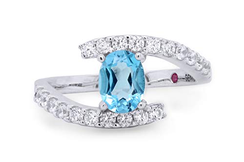 GEMVIO Collection Bypass Design, 5X7MM Oval Blue Topaz Gemstone And Cubic Zirconia Promise Ring In 14k White Gold Over Sterling Silver Sterling Silver Engagement Wedding Ring For Womens Size-6