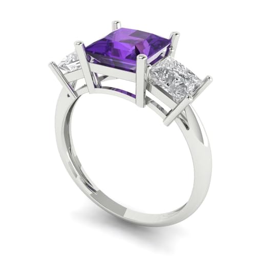 Clara Pucci 3.0 ct Princess Cut 3 Stone Solitaire Genuine Natural Amethyst Engagement Promise Anniversary Bridal Ring 18K White Gold 7