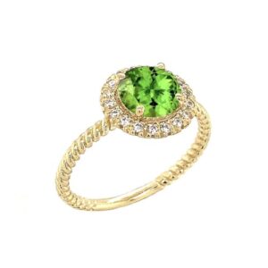 takar dainty 14k yellow gold round cut genuine peridot and diamond engagement band ring (size 6.75)