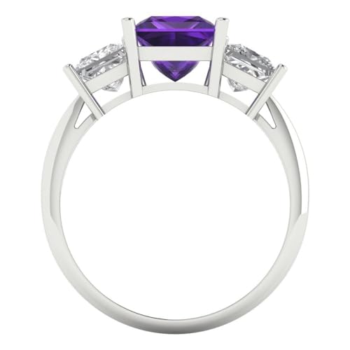 Clara Pucci 3.0 ct Princess Cut 3 Stone Solitaire Genuine Natural Amethyst Engagement Promise Anniversary Bridal Ring 18K White Gold 7