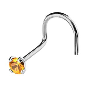 jewelry avalanche 22g solid 14kt gold nose screw stud with prong set real citrine gemstone, 14kt yellow gold or 14kt white gold - november birthstone nose ring-nswg_cn-2mm