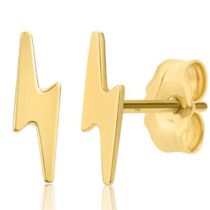 Solid 14K Gold Lightning Bolt Studs Dainty Small Earrings, Polished Finish, 8mm (Yellow Gold)