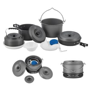 bulin 13pcs camping cookware mess kit, nonstick backpacking cooking set, outdoor cook gear for family hiking, picnic lightweight cookware sets(kettle, pots, frying pan, bpa-free bowls, plates, spoon)