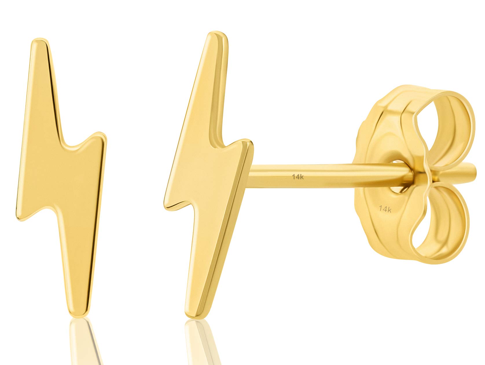 Solid 14K Gold Lightning Bolt Studs Dainty Small Earrings, Polished Finish, 8mm (Yellow Gold)