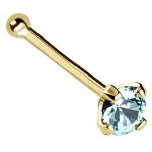 jewelry avalanche 22g solid 14kt gold nose bone stud with prong set real aquamarine gemstone, 14kt yellow gold or 14kt white gold - march birthstone nose ring-nbyg_aqm-2.5mm