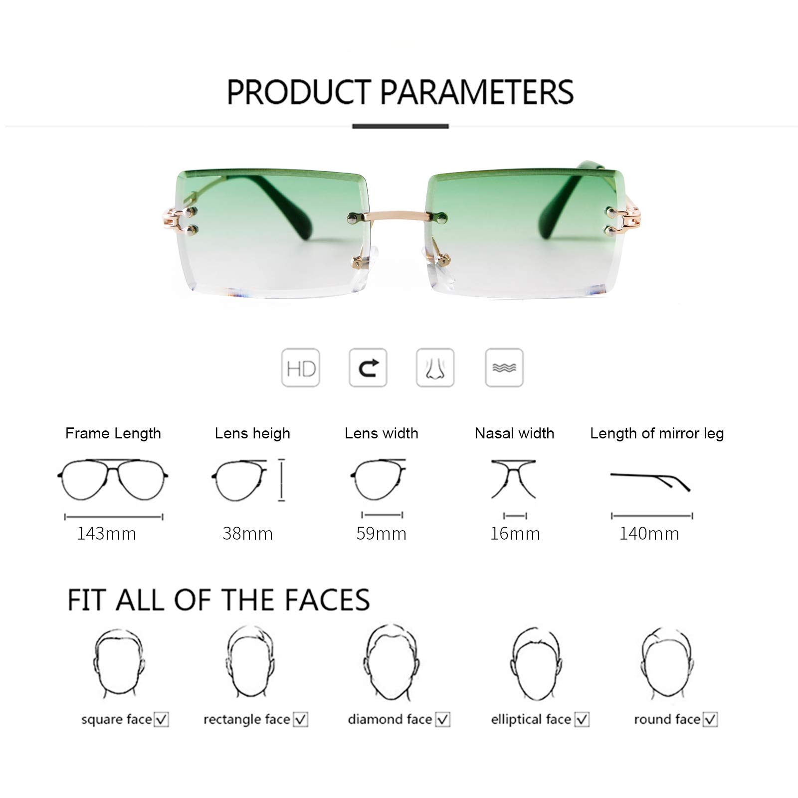 ADE WU Rimless Rectangle Sunglasses for Women Men,Trendy 90s Fashion Gradient Green Lens Frameless Glasses