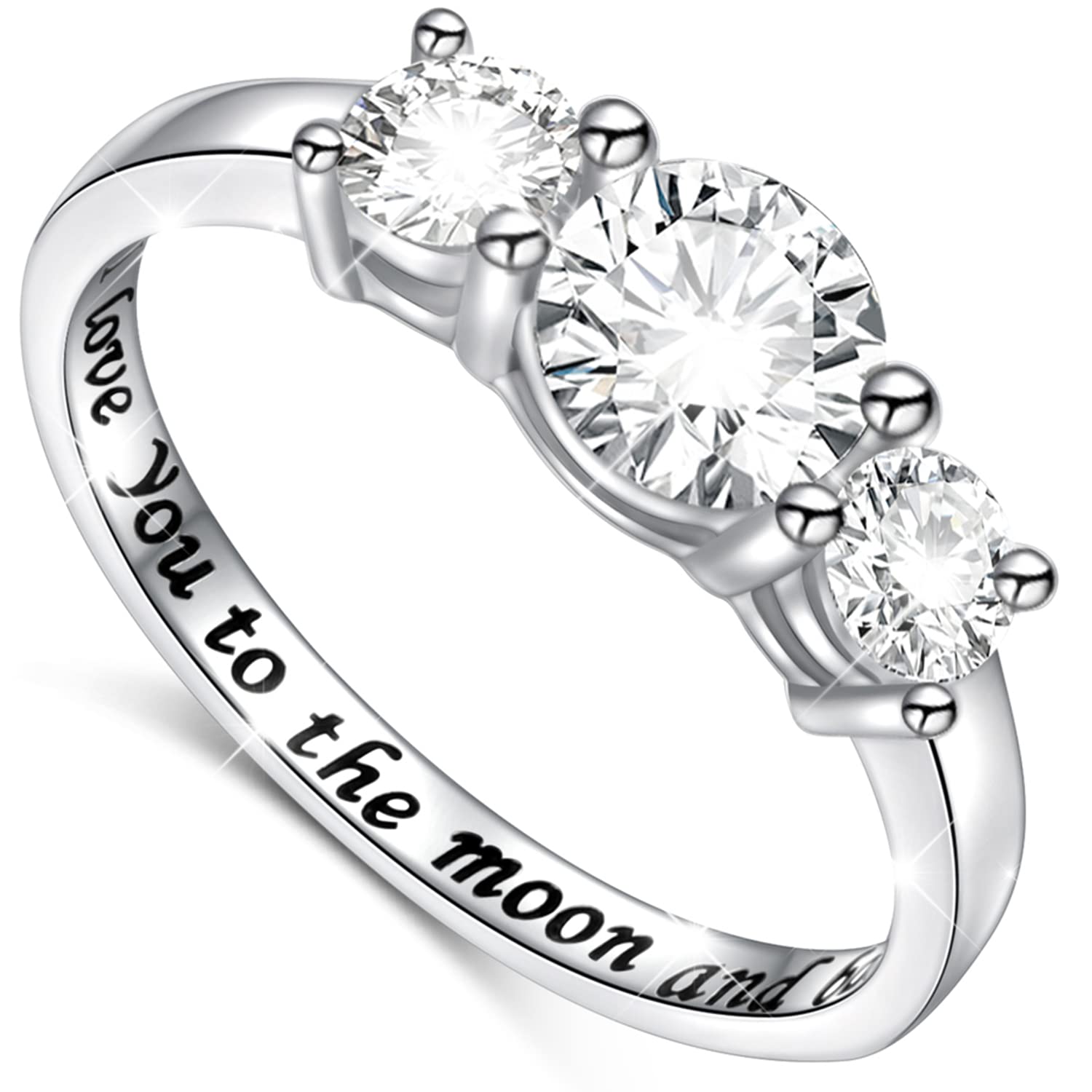 Ladytree Wedding Promise Engagement Rings for Women Her Girlfriend 3 Round Cubic Zirconia CZ Stones S925 Sterling Silver Size 8 Engraved I love you to the moon and back