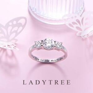 Ladytree Wedding Promise Engagement Rings for Women Her Girlfriend 3 Round Cubic Zirconia CZ Stones S925 Sterling Silver Size 8 Engraved I love you to the moon and back