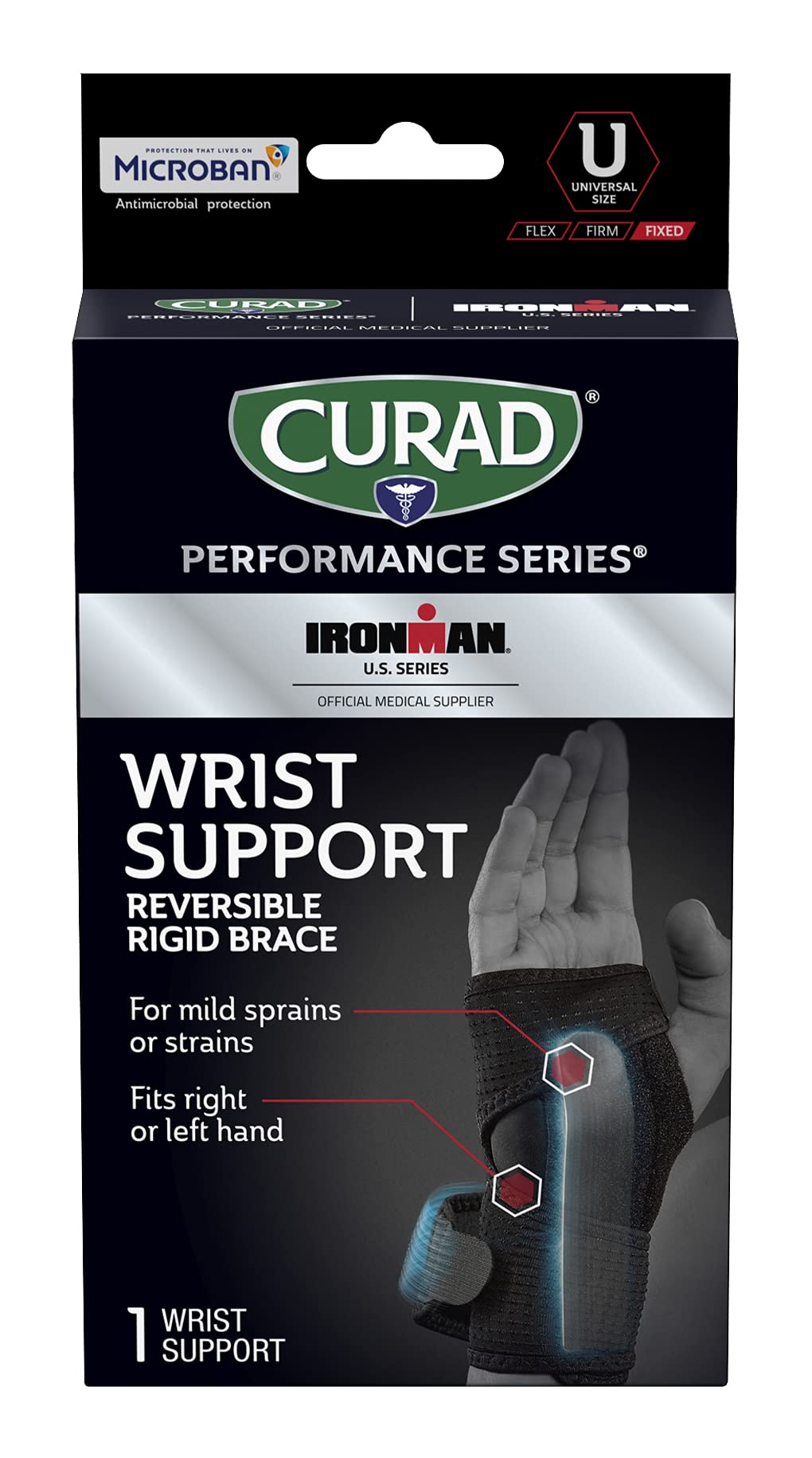 CURAD IRONMAN Wrist Support, Reversible Rigid Wrist Brace for Mild Sprains, Strains, Joint Injuries, Carpal Tunnel Pain Management, 2 Adjustable Straps, Universal Fit for Right or Left Wrist, 1 Brace