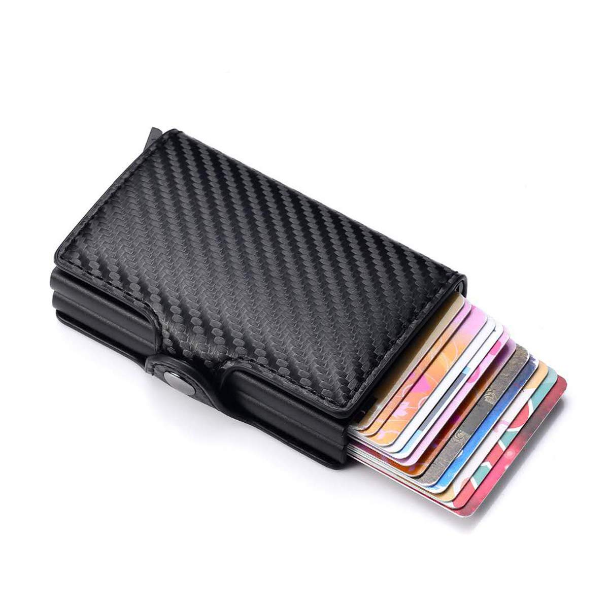 YWHBK Carbon Fiber Leather Card Holder, Men Credit Card Holder, Slim Metal Card Case Front Pocket Anti-theft-RFID Auto Pop up Travel Thin Wallets for Men (Black)