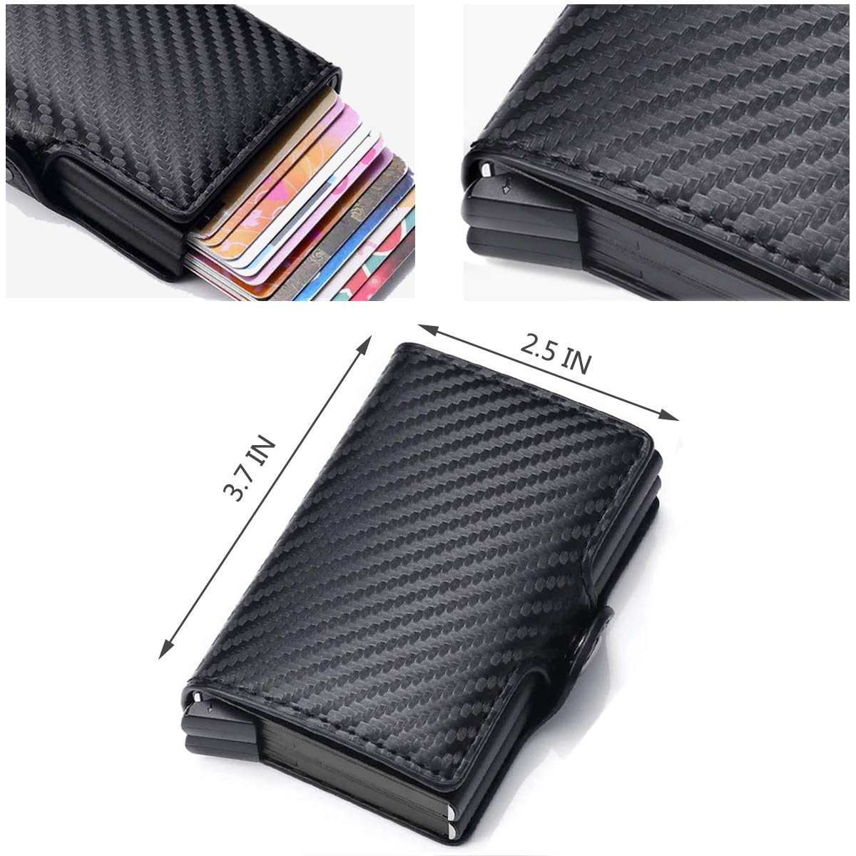 YWHBK Carbon Fiber Leather Card Holder, Men Credit Card Holder, Slim Metal Card Case Front Pocket Anti-theft-RFID Auto Pop up Travel Thin Wallets for Men (Black)