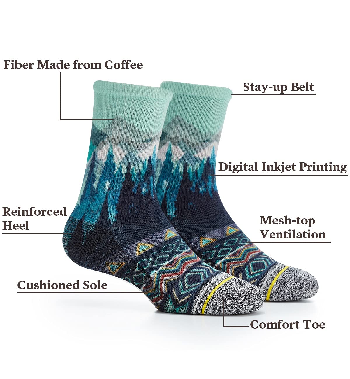 APRIME ECO-CAFE Crew Cushion Outdoor Socks Made from Coffee Grounds for Hiking, Trail Running, Climbing and Cycling (Large, Forest)