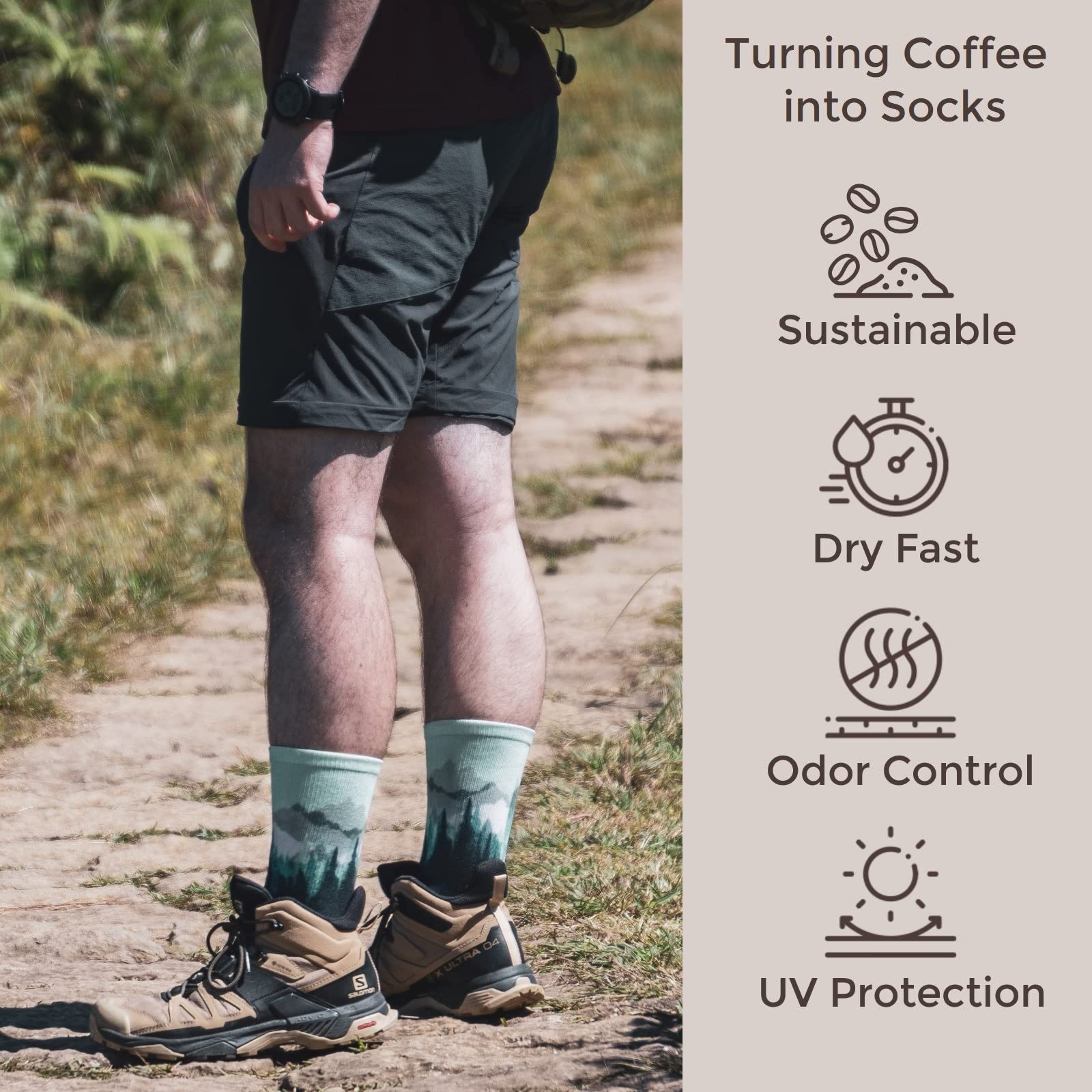 APRIME ECO-CAFE Crew Cushion Outdoor Socks Made from Coffee Grounds for Hiking, Trail Running, Climbing and Cycling (Large, Forest)