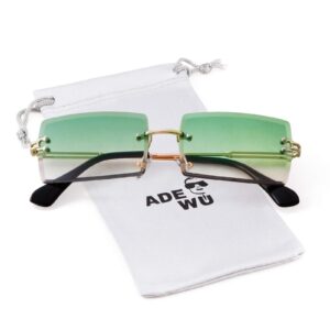 ADE WU Rimless Rectangle Sunglasses for Women Men,Trendy 90s Fashion Gradient Green Lens Frameless Glasses