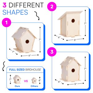 Neliblu DIY 12 Wooden Bird Houses - Creative Arts and Crafts Set for Kids and Adults - Unfinished Wood Birdhouse Kits with Paint Strips, Brushes, Stickers, and Strings - 3 Different Shapes, 2 Sizes