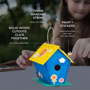 Neliblu DIY 12 Wooden Bird Houses - Creative Arts and Crafts Set for Kids and Adults - Unfinished Wood Birdhouse Kits with Paint Strips, Brushes, Stickers, and Strings - 3 Different Shapes, 2 Sizes